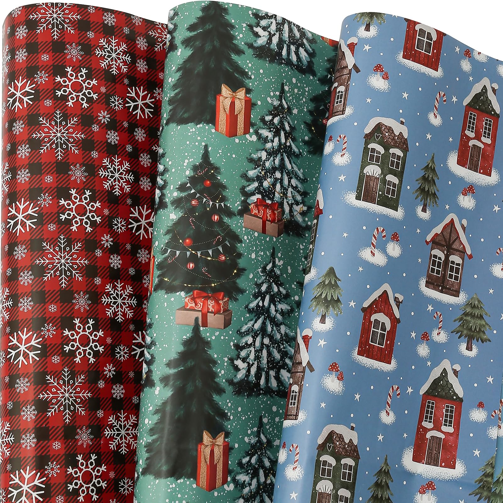 BULKYTREE Christmas Wrapping Paper for Kids Boys Girls Man Women Holiday Party. 6 Large Sheets Gift Wrap 3 Vintage Designs, Red & Black Plaid with Snowflake, Pine and Gifts,26.7 Inch X 37Inch