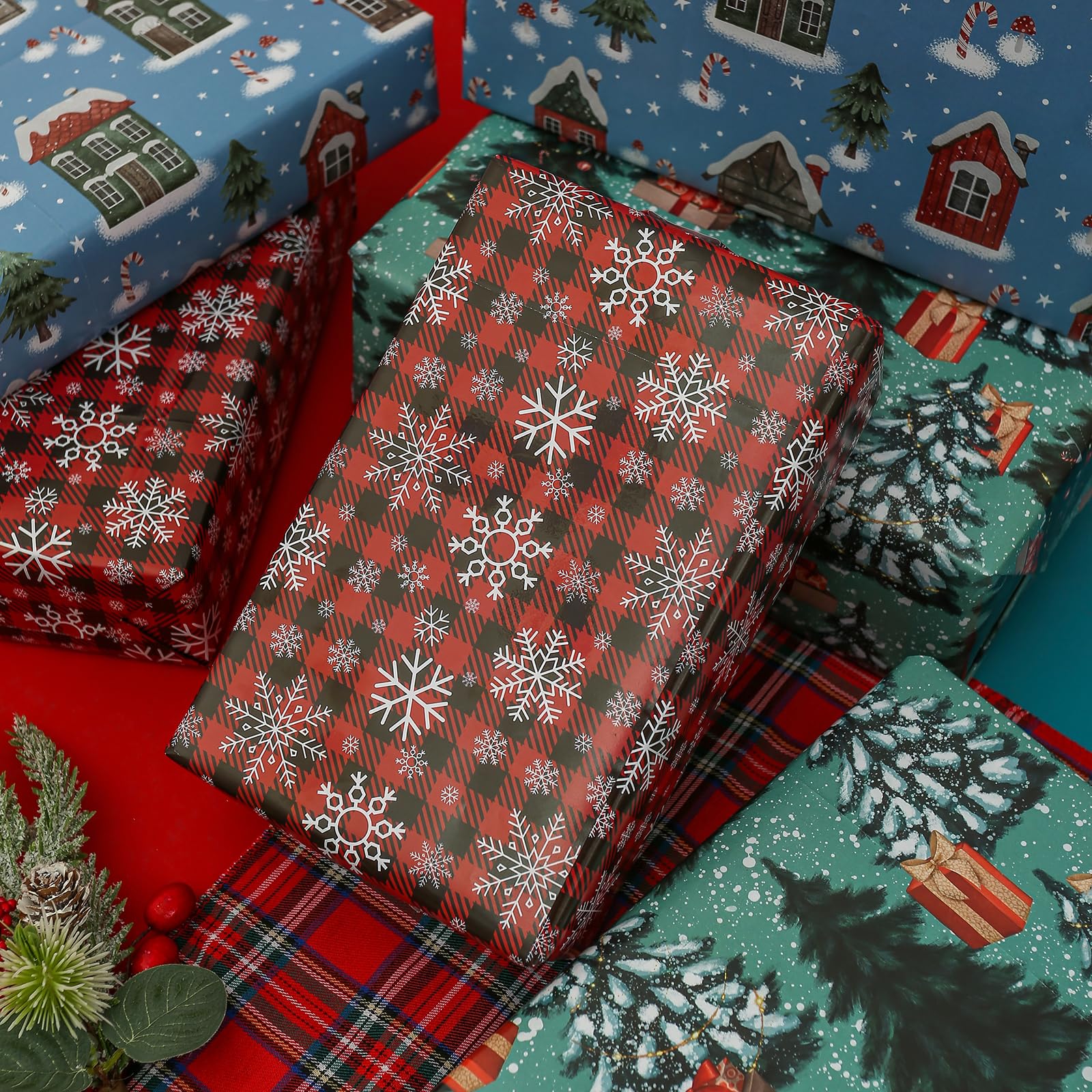 BULKYTREE Christmas Wrapping Paper for Kids Boys Girls Man Women Holiday Party. 6 Large Sheets Gift Wrap 3 Vintage Designs, Red & Black Plaid with Snowflake, Pine and Gifts,26.7 Inch X 37Inch