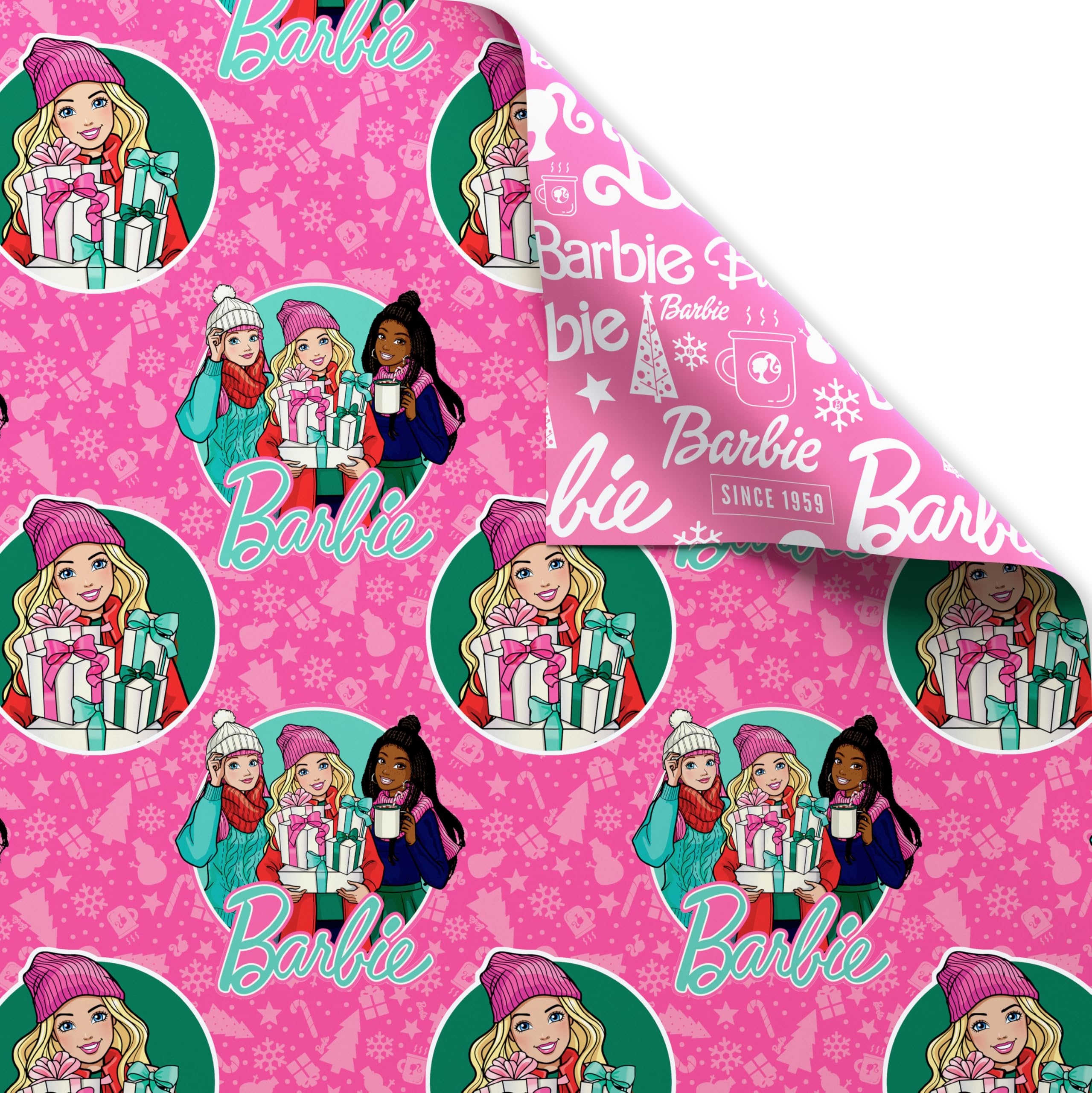 American Greetings Reversible Christmas Wrapping Paper for Kids, Barbie and Friends, Christmas Trees (1 Roll, 75 sq. ft.)