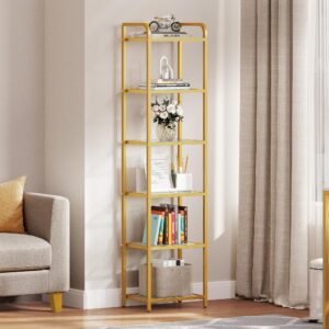 YITAHOME 6-Tier Bookshelf, Tempered Glass Bookshelf, Slim Shelving Unit for Bedroom, Bathroom, Home Office, Steel Frame, Gold