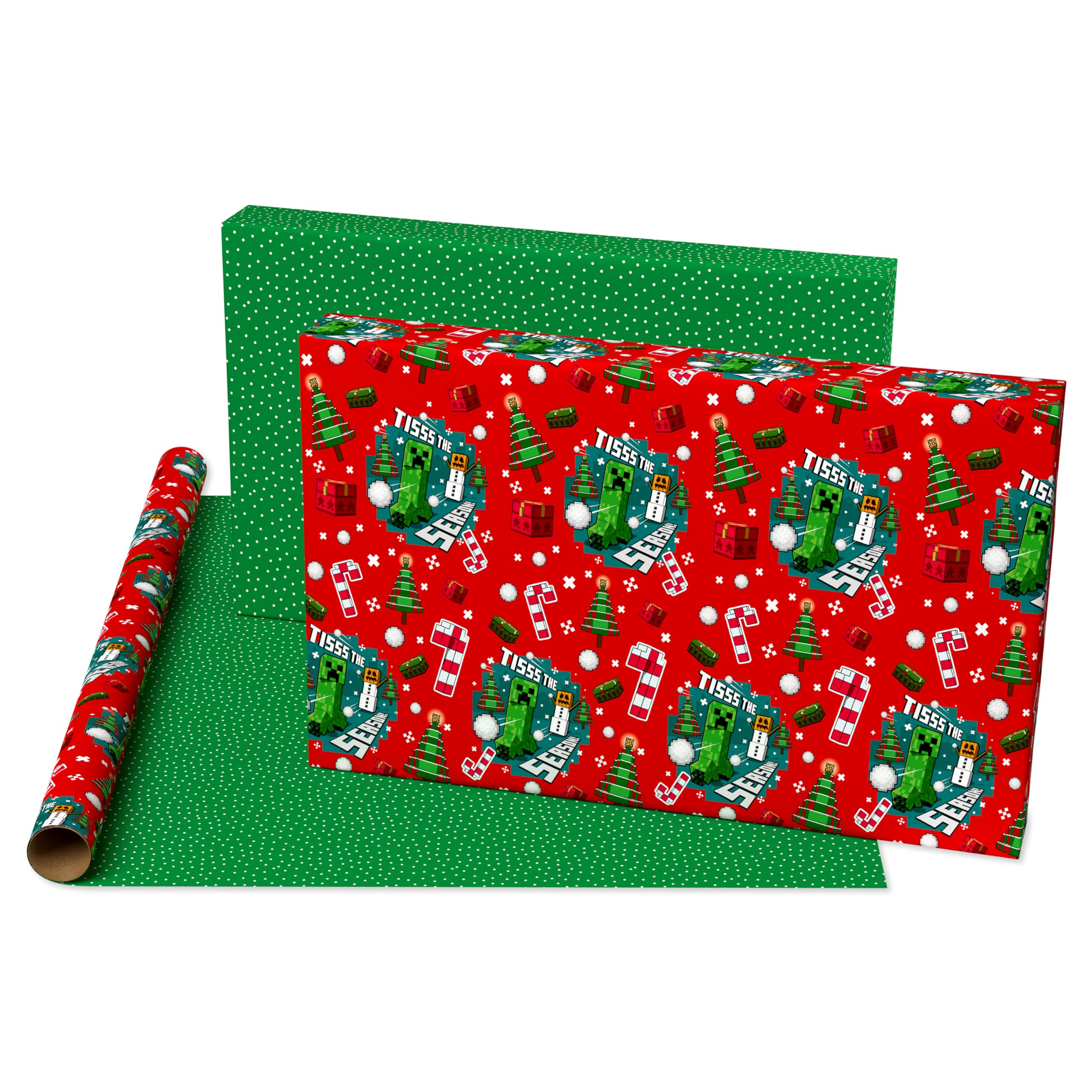 American Greetings Reversible Christmas Wrapping Paper for Kids, Minecraft and Polka Dots (1 Roll, 75 sq. ft.)