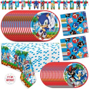 sonic birthday party decorations, sonic tablecloth, sonic plates and napkins for 16 | sonic party decorations | officially licensed