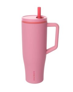 kisskind 40 oz tumbler with handle and straw lid, 100% leakproof stainless steel vacuum insulated cup travel coffee mug water bottle, car cup holder friendly, rubber base, gifts for women men (pink)