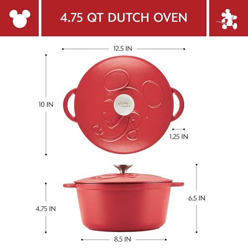 Farberware Disney Bon Voyage Pre-Seasoned Cast Iron Dutch Oven/Casserole Pan with Lid, Suitable for All Stovetops, Including Induction, 4.75 Quart, Red