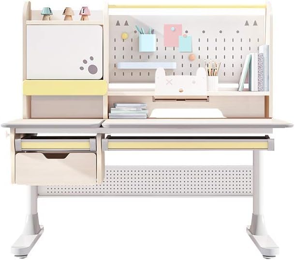 FCD Desk for Gilrs and Boys, Wood Adjustable Height Ergonomic Kids Study Desk with Pull Out Drawers, Tablet Holder, Tiltable Desktop and Large Bookshelf