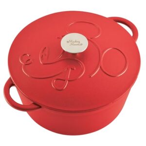 farberware disney bon voyage pre-seasoned cast iron dutch oven/casserole pan with lid, suitable for all stovetops, including induction, 4.75 quart, red