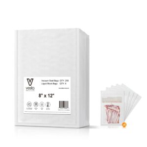 8" x 12" vacuum sealer bags, 200 pack with 5 liquid block bags, perfect for food storage, sous vide, and meal preparation, lock fresh and nutrients