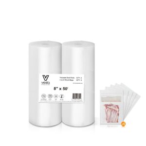 8" x 50' vacuum sealer rolls, 2 pack with 5 liquid block bags, perfect for food storage, sous vide, and meal preparation, lock fresh and nutrients