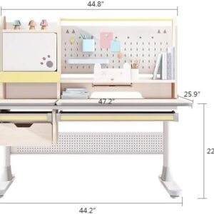 FCD Desk for Gilrs and Boys, Wood Adjustable Height Ergonomic Kids Study Desk with Pull Out Drawers, Tablet Holder, Tiltable Desktop and Large Bookshelf