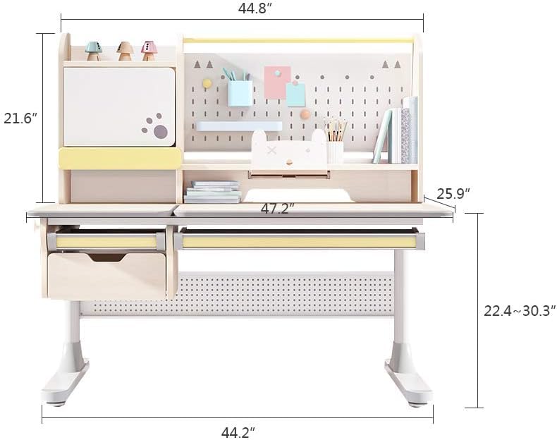 FCD Desk for Gilrs and Boys, Wood Adjustable Height Ergonomic Kids Study Desk with Pull Out Drawers, Tablet Holder, Tiltable Desktop and Large Bookshelf