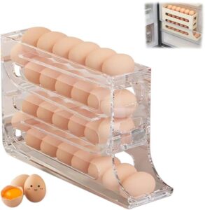 4 tiers egg holder for fridge, 2024 new automatic scrolling egg rack holder, eggs dispenser auto rolling large capacity egg organizer storage box, space-saving egg dispenser holder (transparent)