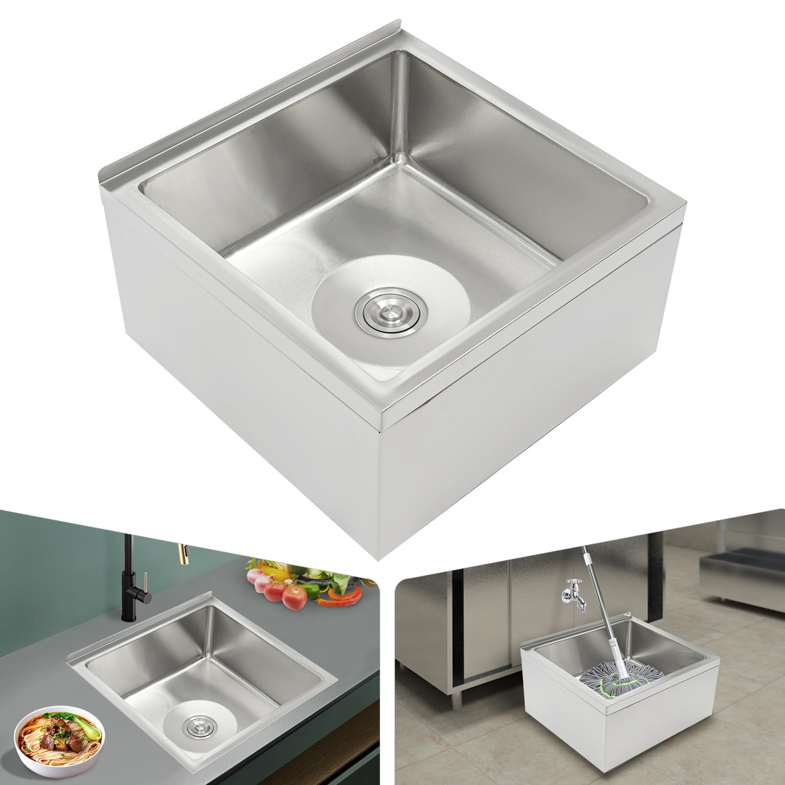 Commercial Mop Sink Floor Basin 24x24x13" 304 Stainless Steel Mop Service Basin with Quick Draining Filter Basket Household Mop Bucket Single Bowl Kitchen Sink Prep&Utility Sink