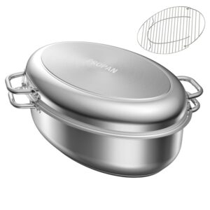 propan roasting pan with rack and lid 12 quart,18/10 stainless steel multi-use oval dutch oven, induction compatible dishwasher/oven safe turkey roaster,17 inch