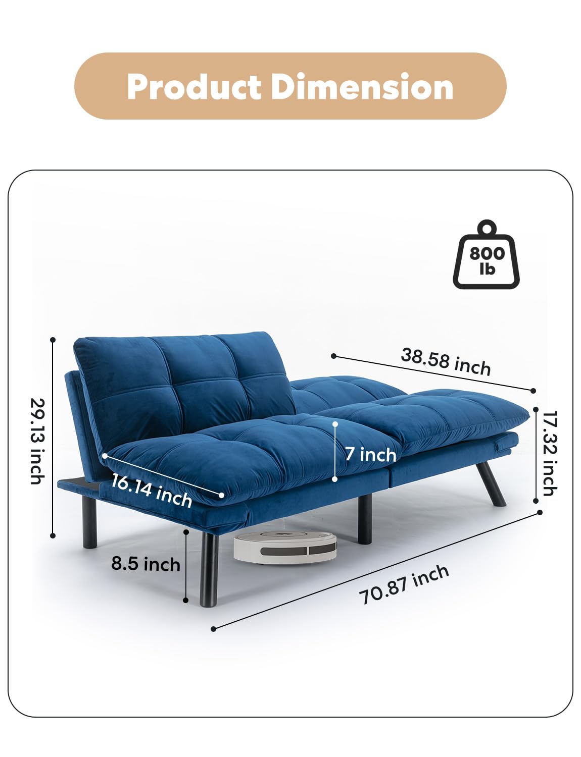 Miscoos Velvet Convertible Futon Sofa Bed, 71" Comfy Loveseat Sleeper Sofa with Adjustable Backrest Armrest, Strengthen Wood, Thick Cushion, Small 2 Seater Futon Couch for Living Room Bedroom