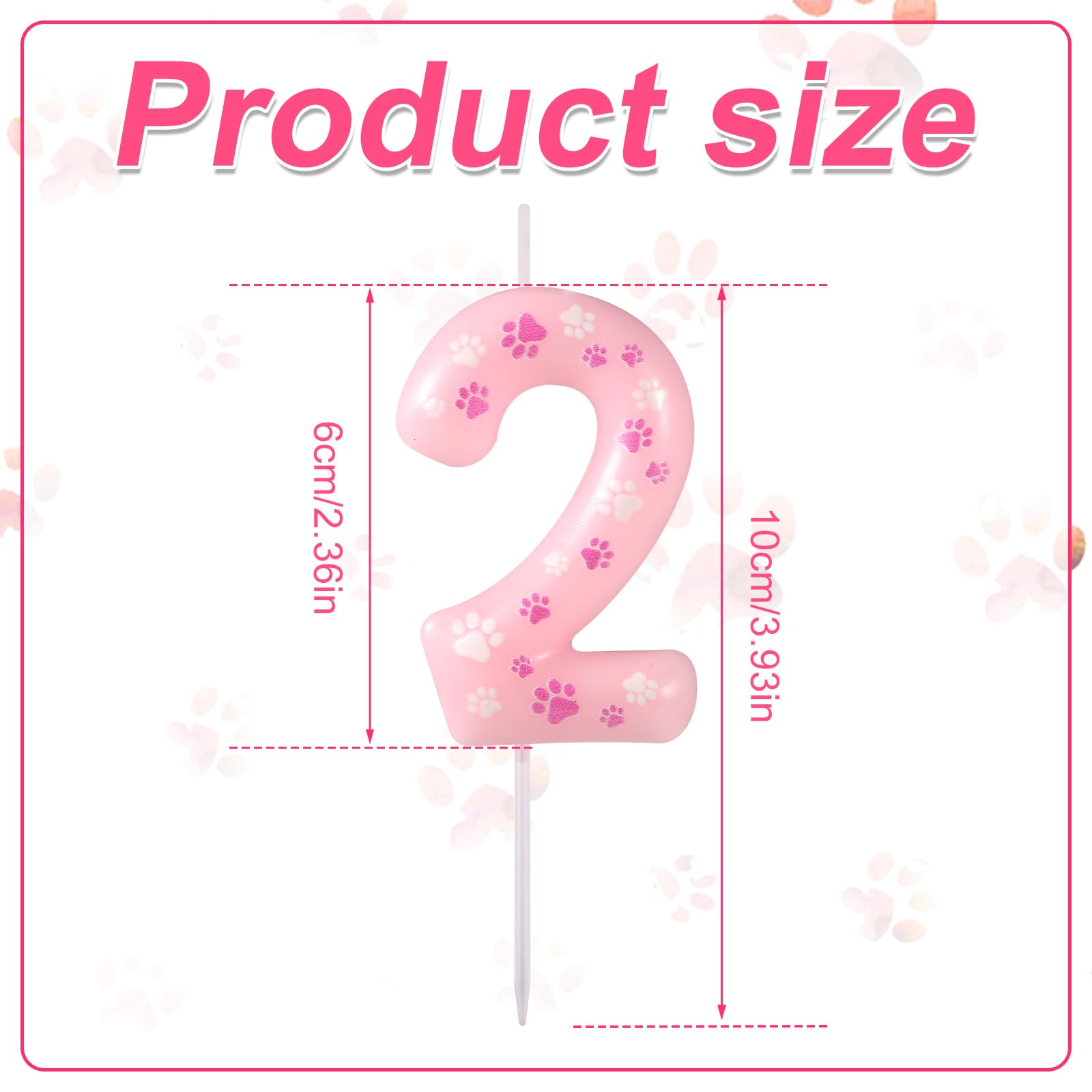 Dog Paw Birthday Candle, Pink Dog Paw Print Themed Birthday Candle Cute Numeral Birthday Cake Topper for Boy Girl Pet Birthday Decoration Party Supplies (Number 2)