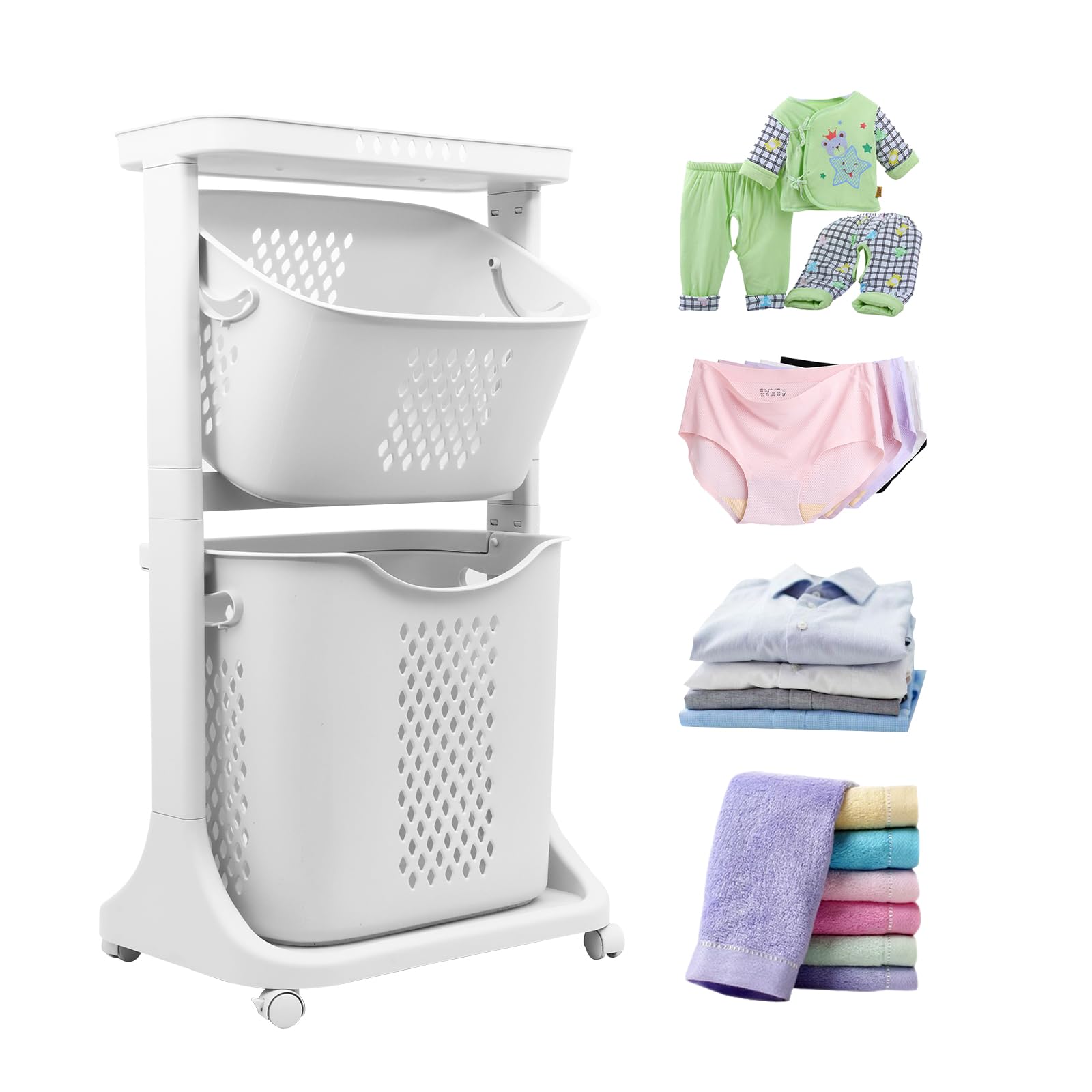 BAOKALER Rolling Laundry Hampers 2 Tier Laundry Baskets Dirty Clothes Hamper with Wheels White Portable Rolling Laundry Baskets with 2 Removable Baskets