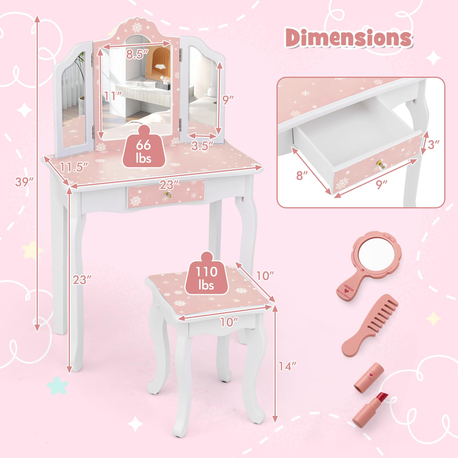 Costzon Kids Vanity, Girls Vanity Set with Mirror and Stool, Children Makeup Dressing Table with Drawer, Pretend Play Kids Vanity Table and Chair Set (Pink Snowflake Print)