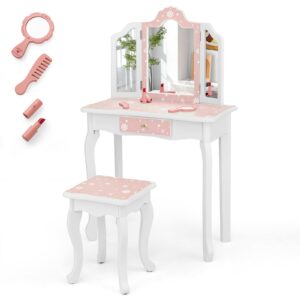 costzon kids vanity, girls vanity set with mirror and stool, children makeup dressing table with drawer, pretend play kids vanity table and chair set (pink snowflake print)