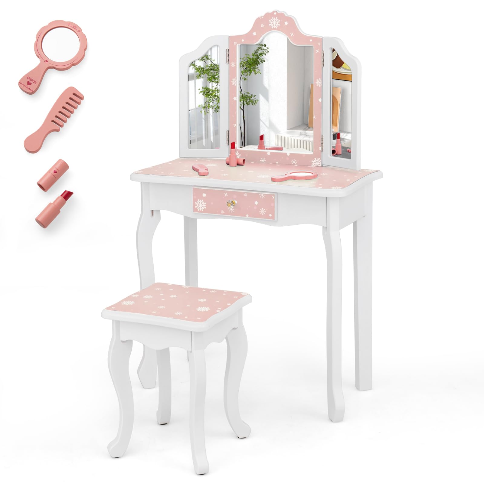 Costzon Kids Vanity, Girls Vanity Set with Mirror and Stool, Children Makeup Dressing Table with Drawer, Pretend Play Kids Vanity Table and Chair Set (Pink Snowflake Print)