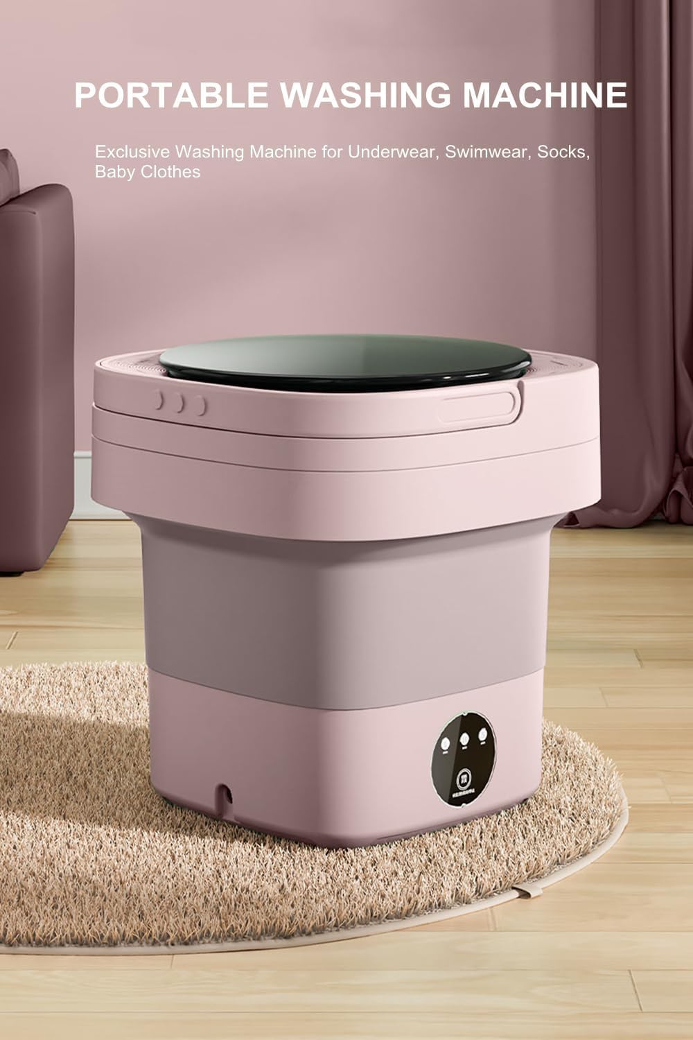 Portable Washing Machine, Mini Washer 9L High Capacity with 3 Modes Deep Cleaning for Underwear, Baby Clothes, or Small Items, Foldable Washing Machine for Apartments, Camping, Travel (Pink)