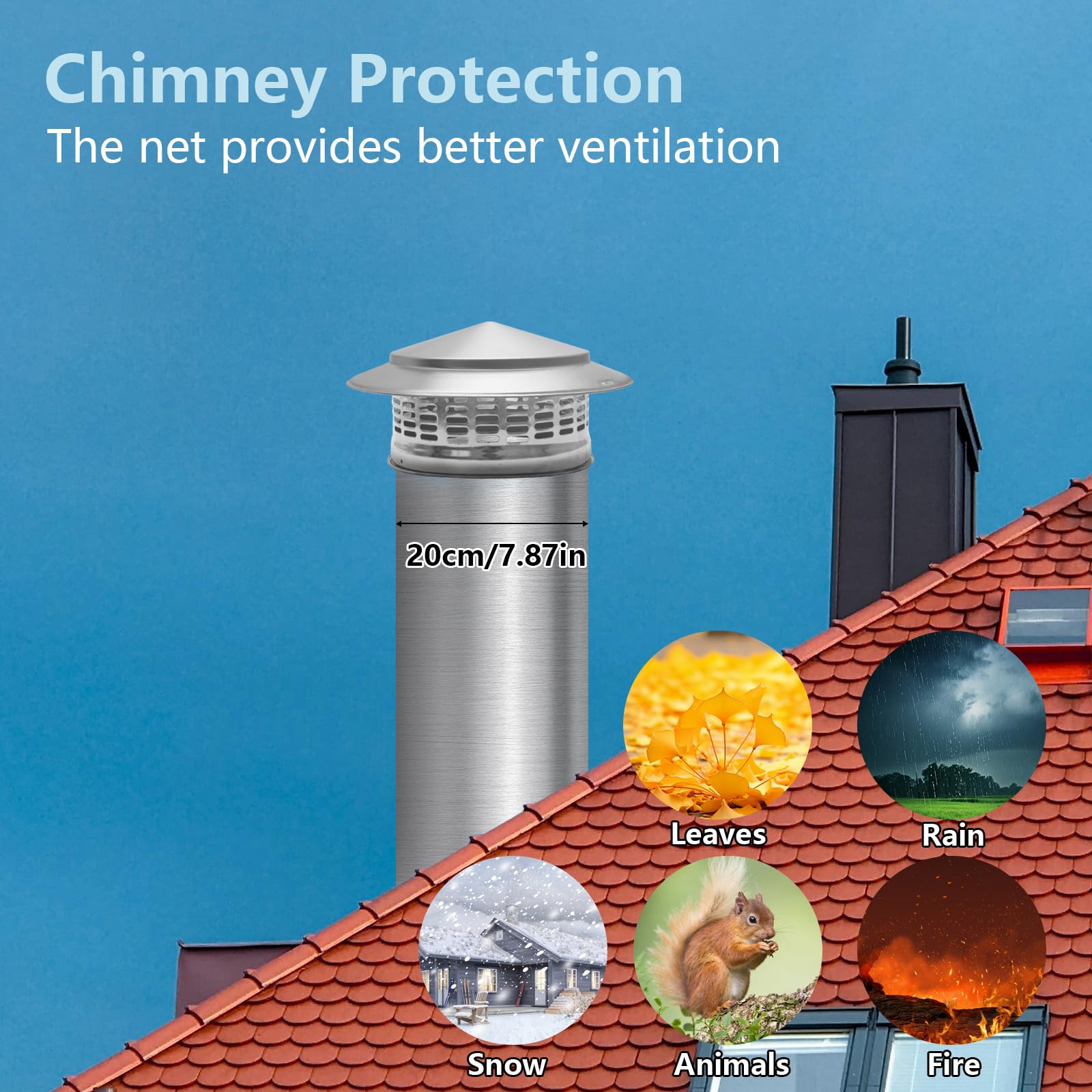 LangRay Chimney Caps for Outside, 8 in Stainless Steel Chimney Cover with Screen, Round Stove Pipe Cap, Roof Exhaust Vent Cap, Fireplace Roof Vent Cover Rain Caps for Chimney Stovepipe Finial