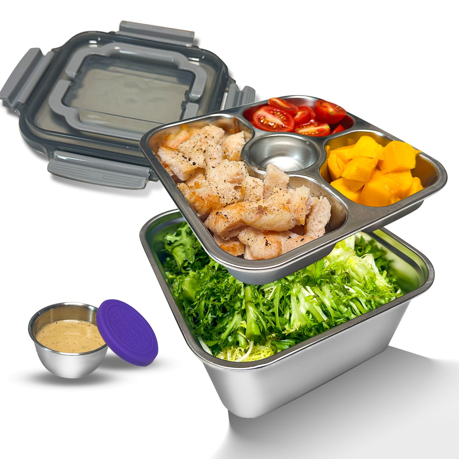 ENCYS Stainless Steel Salad Container for Lunch Large-60-oz Salad Bowl with Lid,3 Compartment Bento-Style Tray and 2.5-oz Salad Dressings Container,Salad Container,Lunch Box,Bento Box(Grey)