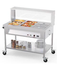 72qt steam table 9x8qt electric commercial food warmer 9-pans with acrylic shield stainless steel bain marie countertop with lockable wheels for restaurants buffets party 1500w, 110v