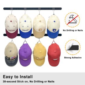 ETOWIFA Adhesive Hat Organizer Rack for Baseball Caps [Up to 24 Caps] Hat Hangers Holder Display for Wall, Over Door Closet, Room/College Dorm Storage - 2 Magic Strips with 8 Removable Hooks