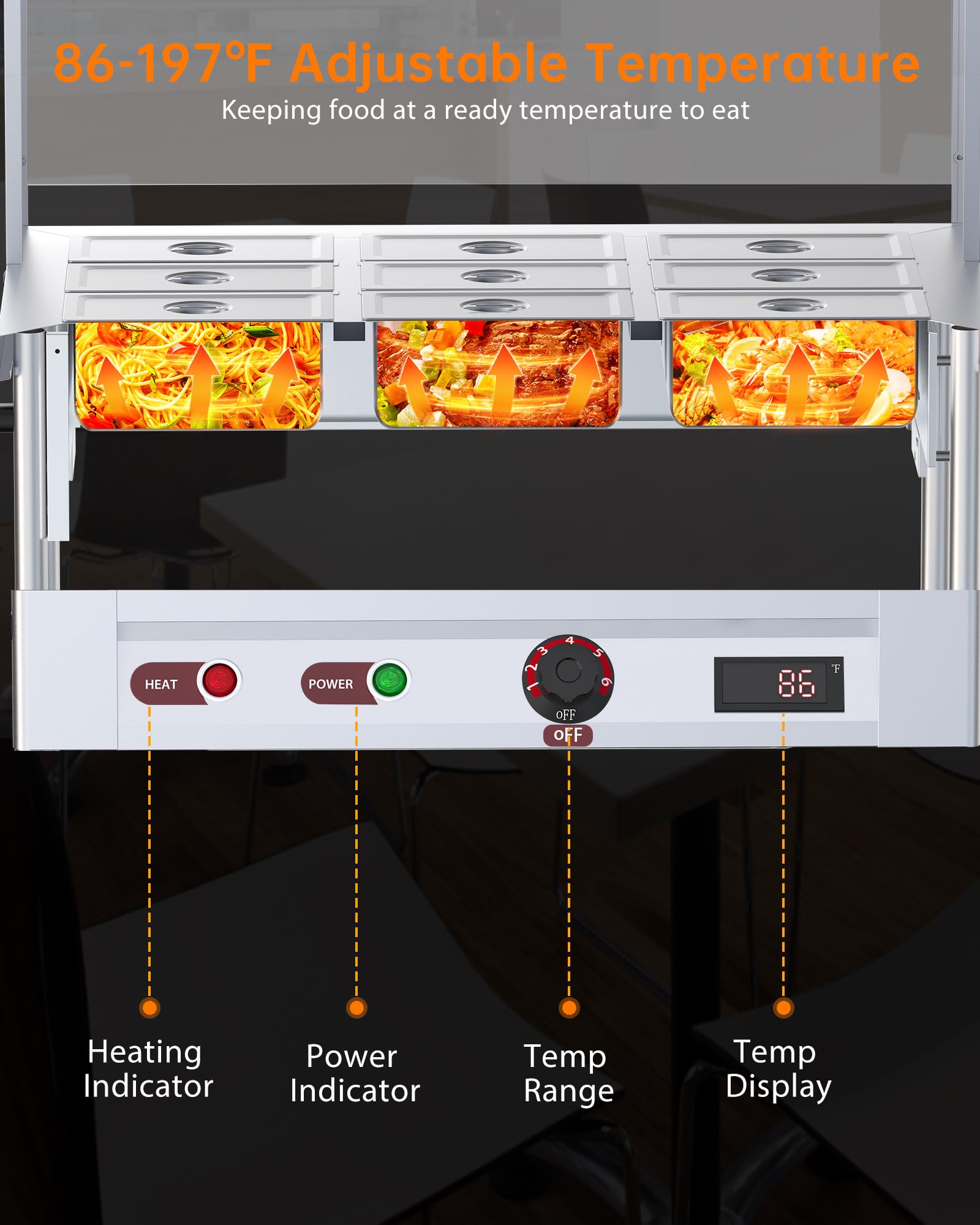 72QT Steam Table 9x8QT Electric Commercial Food Warmer 9-Pans with Acrylic Shield Stainless Steel Bain Marie Countertop with Lockable Wheels for Restaurants Buffets Party 1500W, 110V