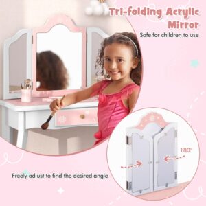 Costzon Kids Vanity, Girls Vanity Set with Mirror and Stool, Children Makeup Dressing Table with Drawer, Pretend Play Kids Vanity Table and Chair Set (Pink Snowflake Print)