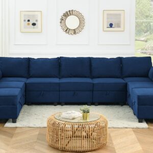 WinJoy 138 Inches 9 Seats Corduroy Storage Modular Sofa, U-Shaped Navy Blue Sectional Sofa with Ottomans for Living Room, Luxury Modular Couch Bed