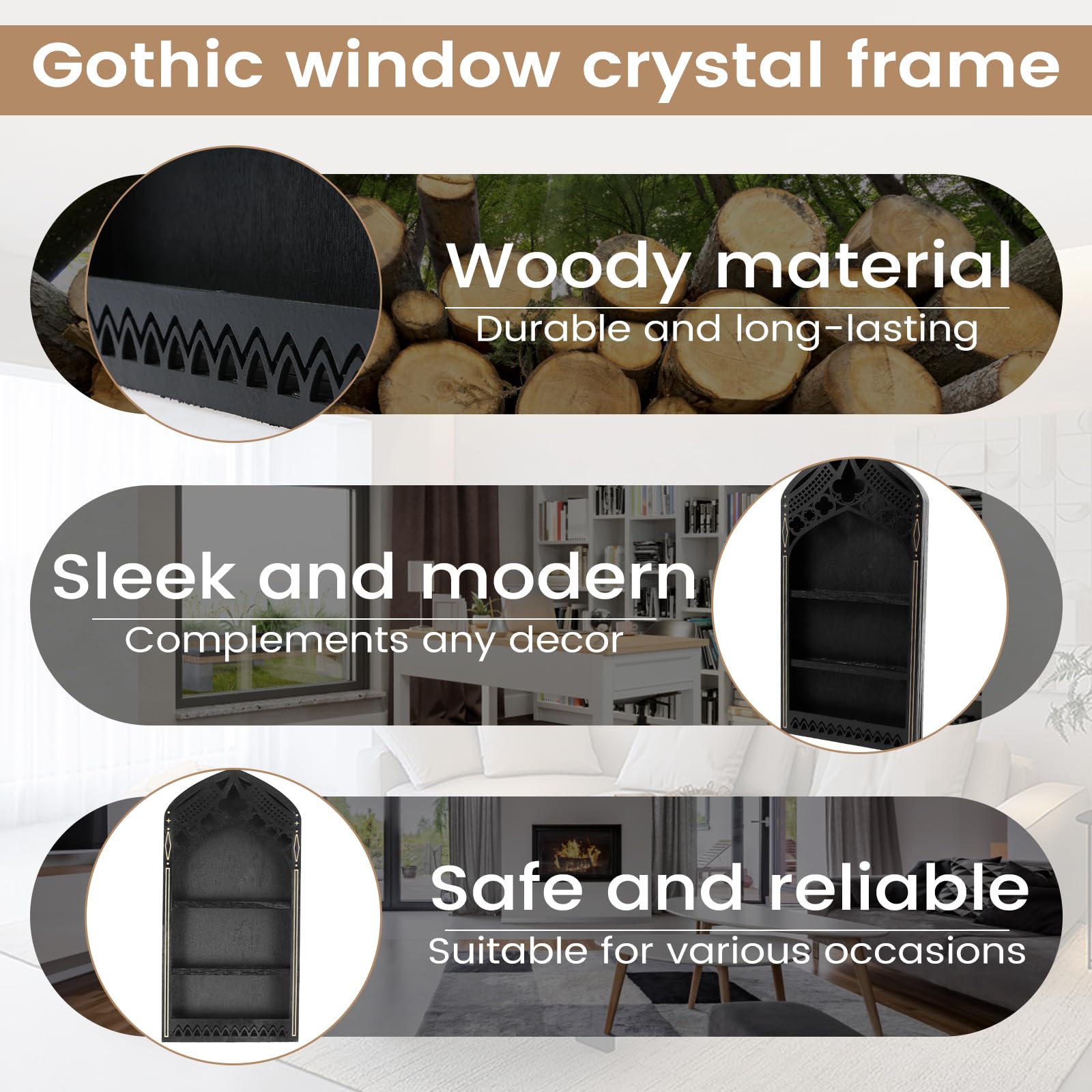 PTMTFYL Gothic Window Crystal Shelf Display for Wall, Wooden Crystal and Rock Display Shelf, Old Church Window Crystal Wall Shelf, Wooden Gem Stone Storage Holder Trinkets Organizer