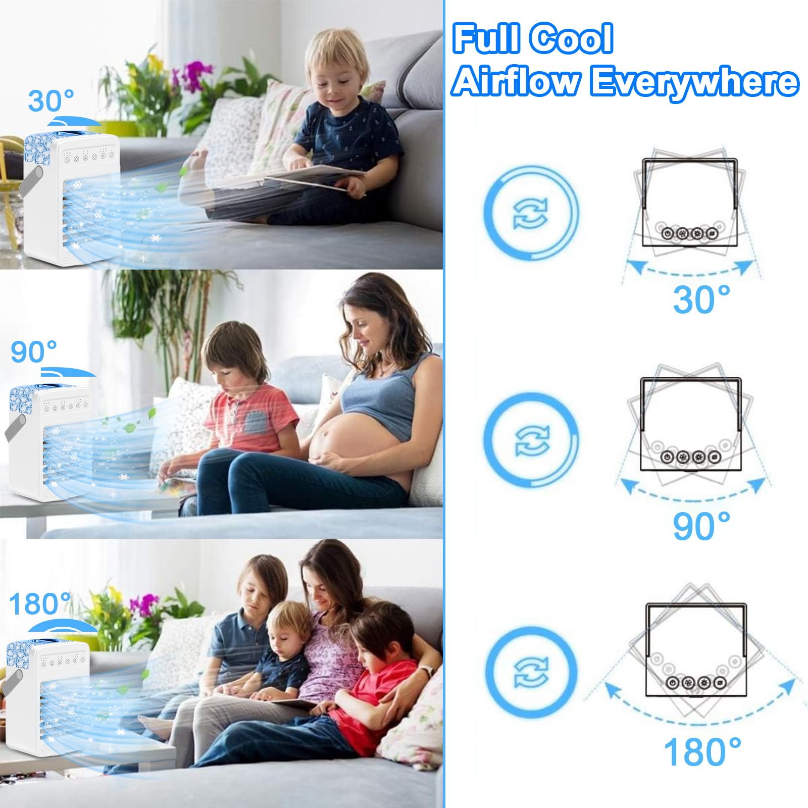 Portable Air Conditioners, 180°Oscillation Mini Air Conditioners, 4 Wind Speed Portable AC, Built-in Ambient Lighti AC Unit, Large Water Tank Air Cooler for Room/Kitchen/Office/Desk