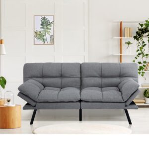 muuegm futon sofa bed modern folding futon set, convertible recliner for living room,small & compact spaces, metal legs,easy assembly，adjustable backrest&armrests, linen,light gray.