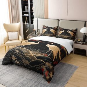 jejeloiu Japanese Crane Duvet Cover 100% Cotton Set Full Size, Red Crowned Crane with 2 Pillow Case, Wild Animal Bedding Set 3Pcs Teens Room Decor, Lucky Clouds Duvet Cover (No Comforter)