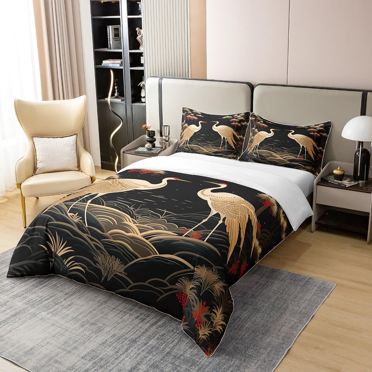 jejeloiu Japanese Crane Duvet Cover 100% Cotton Set Full Size, Red Crowned Crane with 2 Pillow Case, Wild Animal Bedding Set 3Pcs Teens Room Decor, Lucky Clouds Duvet Cover (No Comforter)