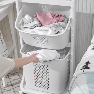 BAOKALER Rolling Laundry Hampers 2 Tier Laundry Baskets Dirty Clothes Hamper with Wheels White Portable Rolling Laundry Baskets with 2 Removable Baskets