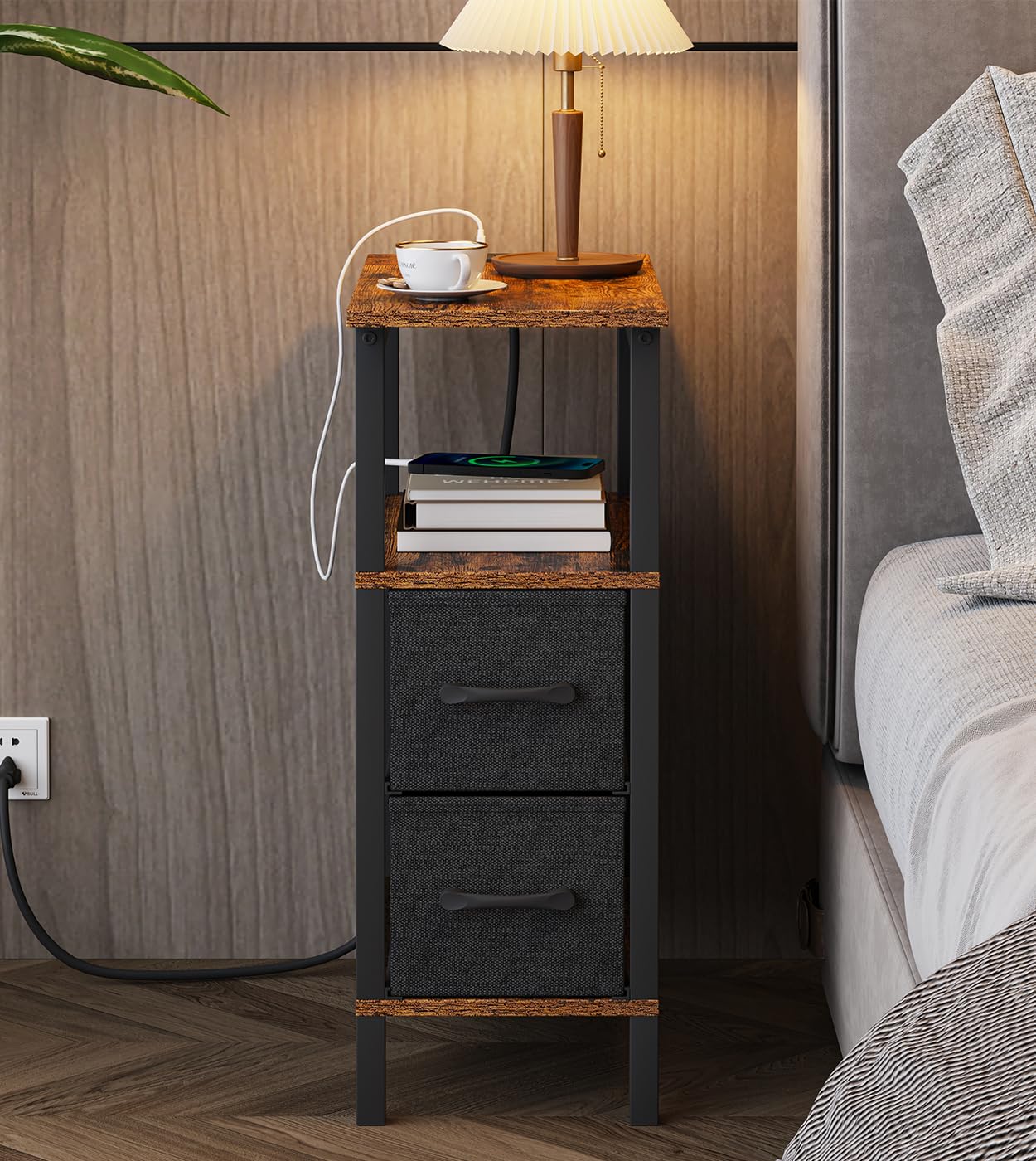 VIMBER Narrow Side Table for Small Spaces, Skinny End Table with Charging Station, Sofa Beside Table with 2 Drawers 1 Open Compartment, Slim Nightstand with USB Ports Outlet, Rustic and Brown UTBT004F