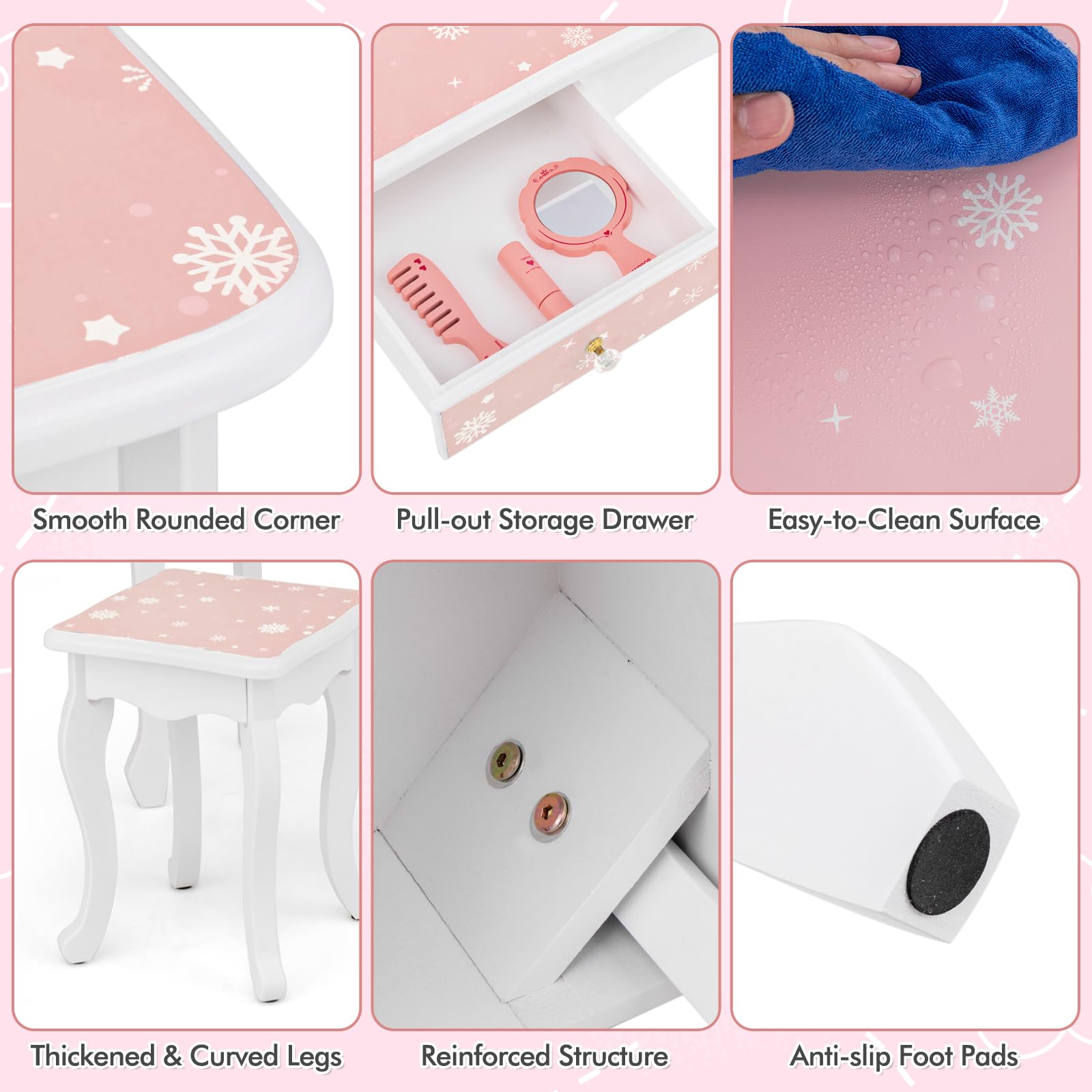 Costzon Kids Vanity, Girls Vanity Set with Mirror and Stool, Children Makeup Dressing Table with Drawer, Pretend Play Kids Vanity Table and Chair Set (Pink Snowflake Print)