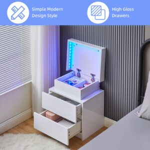 OFCASA Nightstand Set of 2 with LED Light Modern Bedside Table with 2 High Gloss Drawers Smart Night Stand for Bedroom and Living Room（White）