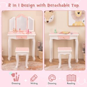 Costzon Kids Vanity, Girls Vanity Set with Mirror and Stool, Children Makeup Dressing Table with Drawer, Pretend Play Kids Vanity Table and Chair Set (Pink Snowflake Print)