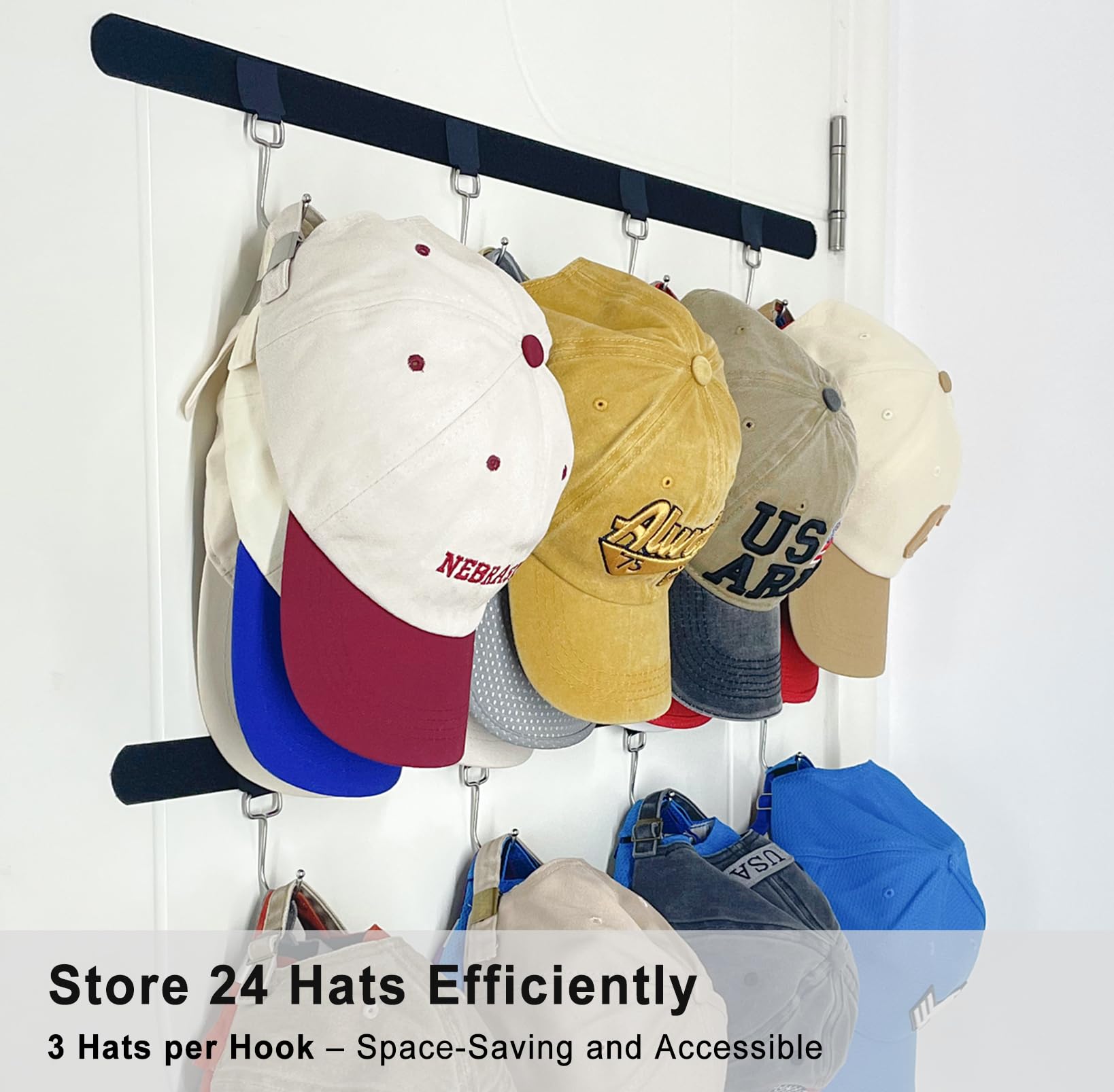 ETOWIFA Adhesive Hat Organizer Rack for Baseball Caps [Up to 24 Caps] Hat Hangers Holder Display for Wall, Over Door Closet, Room/College Dorm Storage - 2 Magic Strips with 8 Removable Hooks