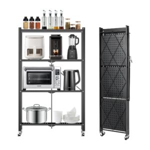 newware storage shelves 4-tier foldable, metal organizer and storage rack for bathroom kitchen, display storage shelf with wheels, no assembly shelving unit for pantry and garage 4 hooks, black