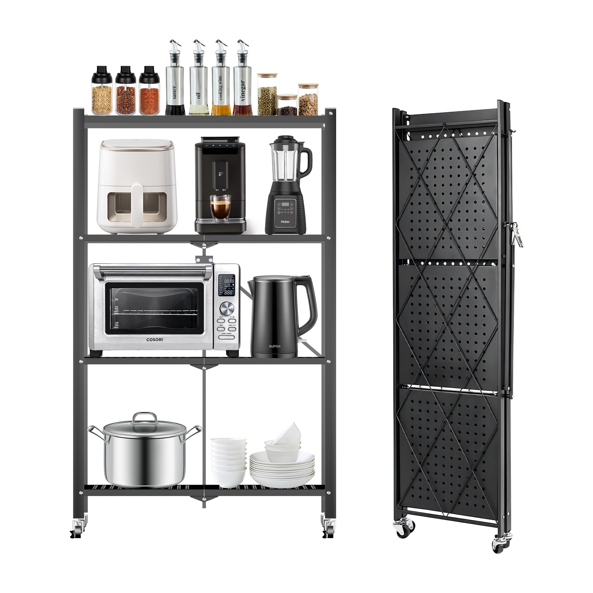 NEWWARE Storage Shelves 4-Tier Foldable, Metal Organizer and Storage Rack for Bathroom Kitchen, Display Storage Shelf with Wheels, No Assembly Shelving Unit for Pantry and Garage 4 Hooks, Black