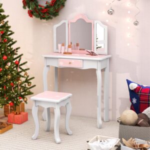 Costzon Kids Vanity, Girls Vanity Set with Mirror and Stool, Children Makeup Dressing Table with Drawer, Pretend Play Kids Vanity Table and Chair Set (Pink Snowflake Print)