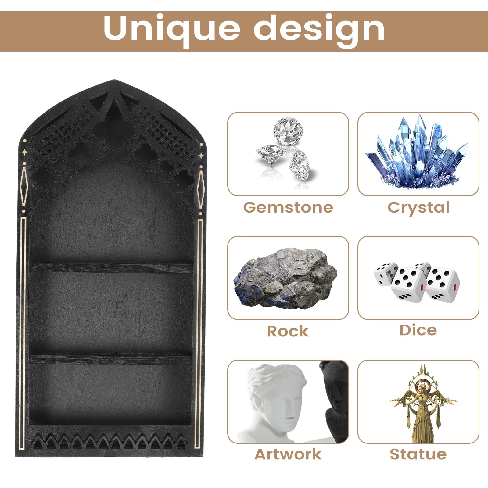 PTMTFYL Gothic Window Crystal Shelf Display for Wall, Wooden Crystal and Rock Display Shelf, Old Church Window Crystal Wall Shelf, Wooden Gem Stone Storage Holder Trinkets Organizer