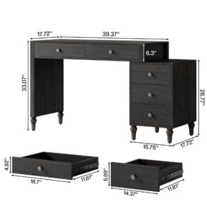 Tribesigns Computer Desk with 5 Drawers, Wood Home Office Desk with Reversible File Drawers and Printer Stand, Ash Black Writing Desk, Study Table Workstation for Small Spaces