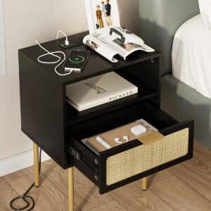 Aienvey Rattan Nightstand with Charging Station, Drawer Dresser for Bedroom, Small Bedside Table with Drawer, Night Stand, End Table with Gold Frame for Living Room, Black