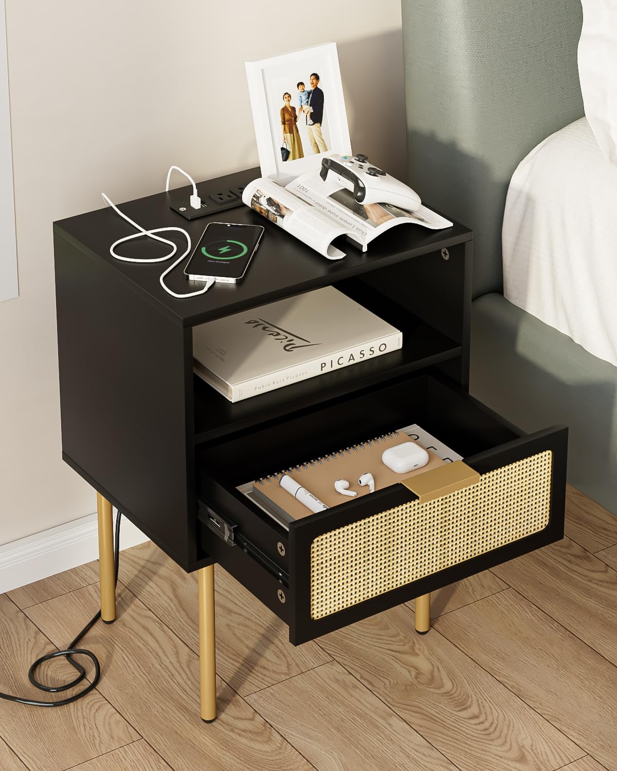 Aienvey Rattan Nightstand with Charging Station, Drawer Dresser for Bedroom, Small Bedside Table with Drawer, Night Stand, End Table with Gold Frame for Living Room, Black