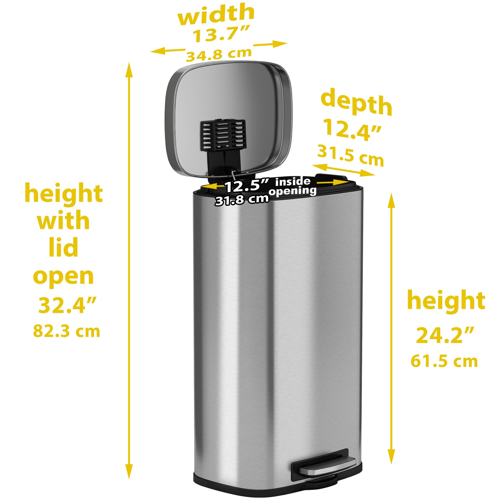 HLS Commercial 8 Gallon / 30 Liter Fire Resistant Stainless Steel Step On Pedal Trash Can with Odor Filter and Removable Inner Bucket, FM Approvals Class 6921